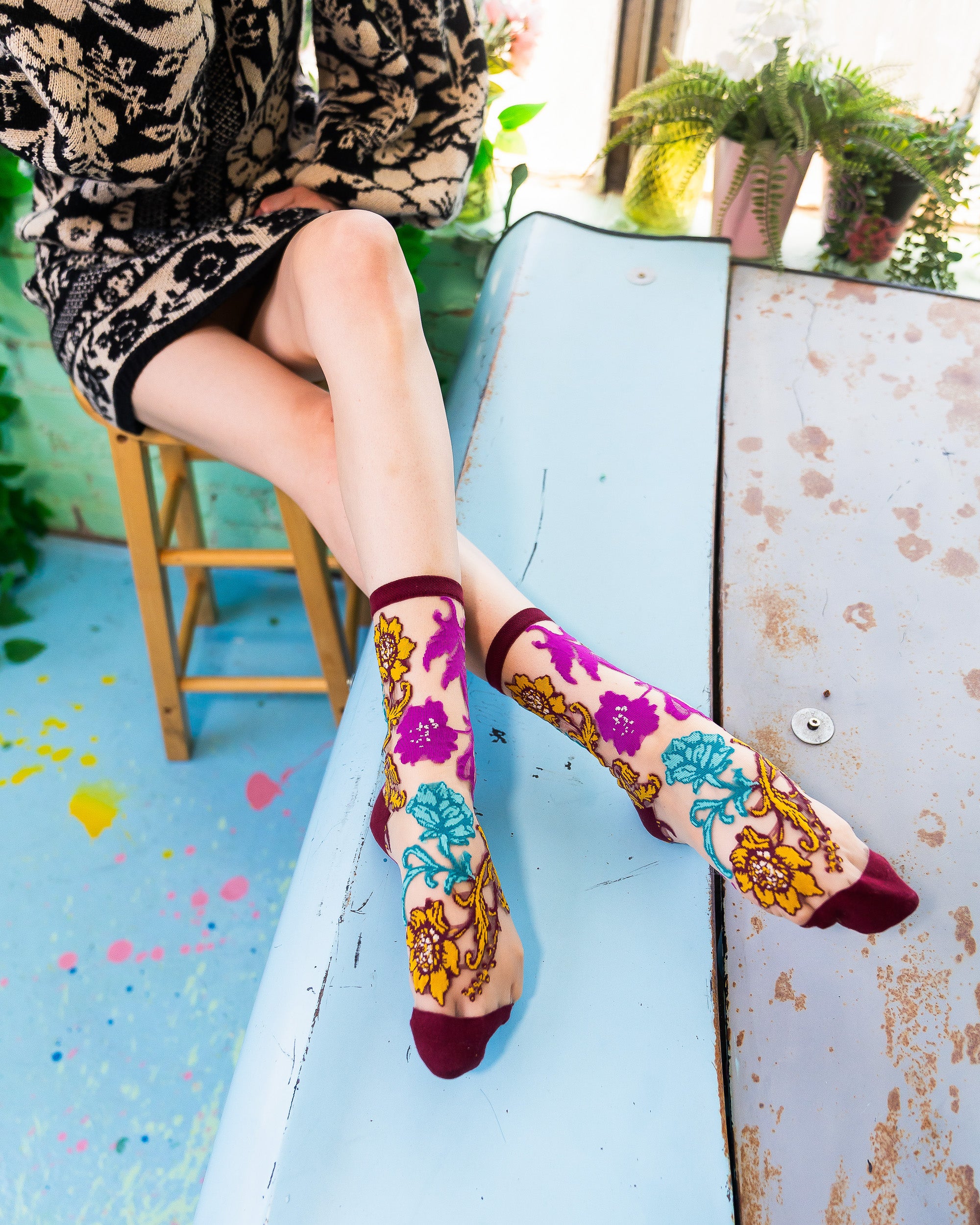 Gem Garden Sheer Sock - Jeweled Floral Fall Foliage Sock – Sock Candy